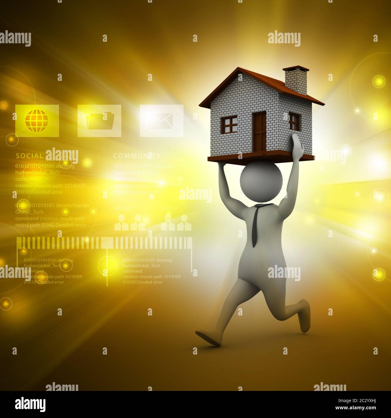 3d man holding house on his head in color background Stock Photo - Alamy
