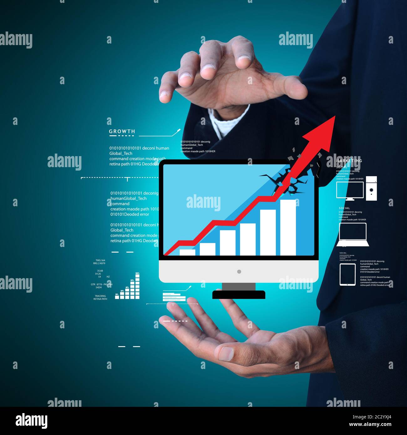 Man showing successive graph in color background Stock Photo - Alamy