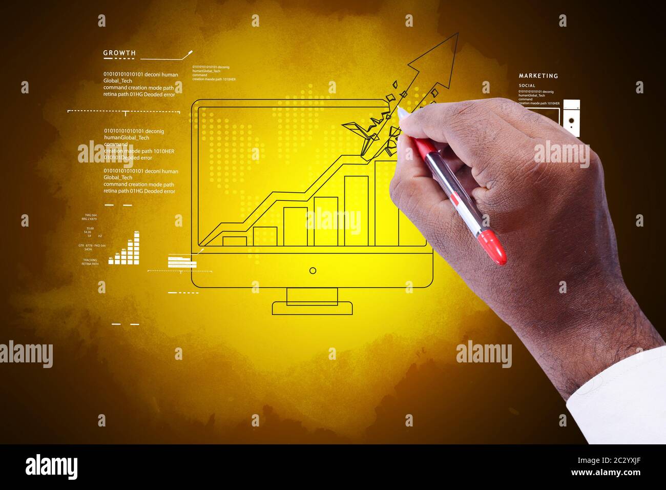 Man showing successive graph in color background Stock Photo - Alamy