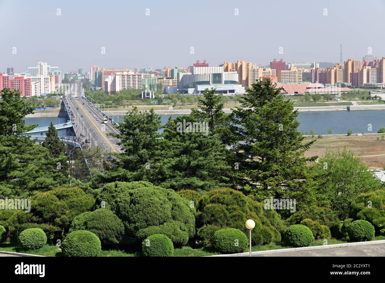 Pyongyang, North Korea - May 1, 2019: View from above on the bridge ...