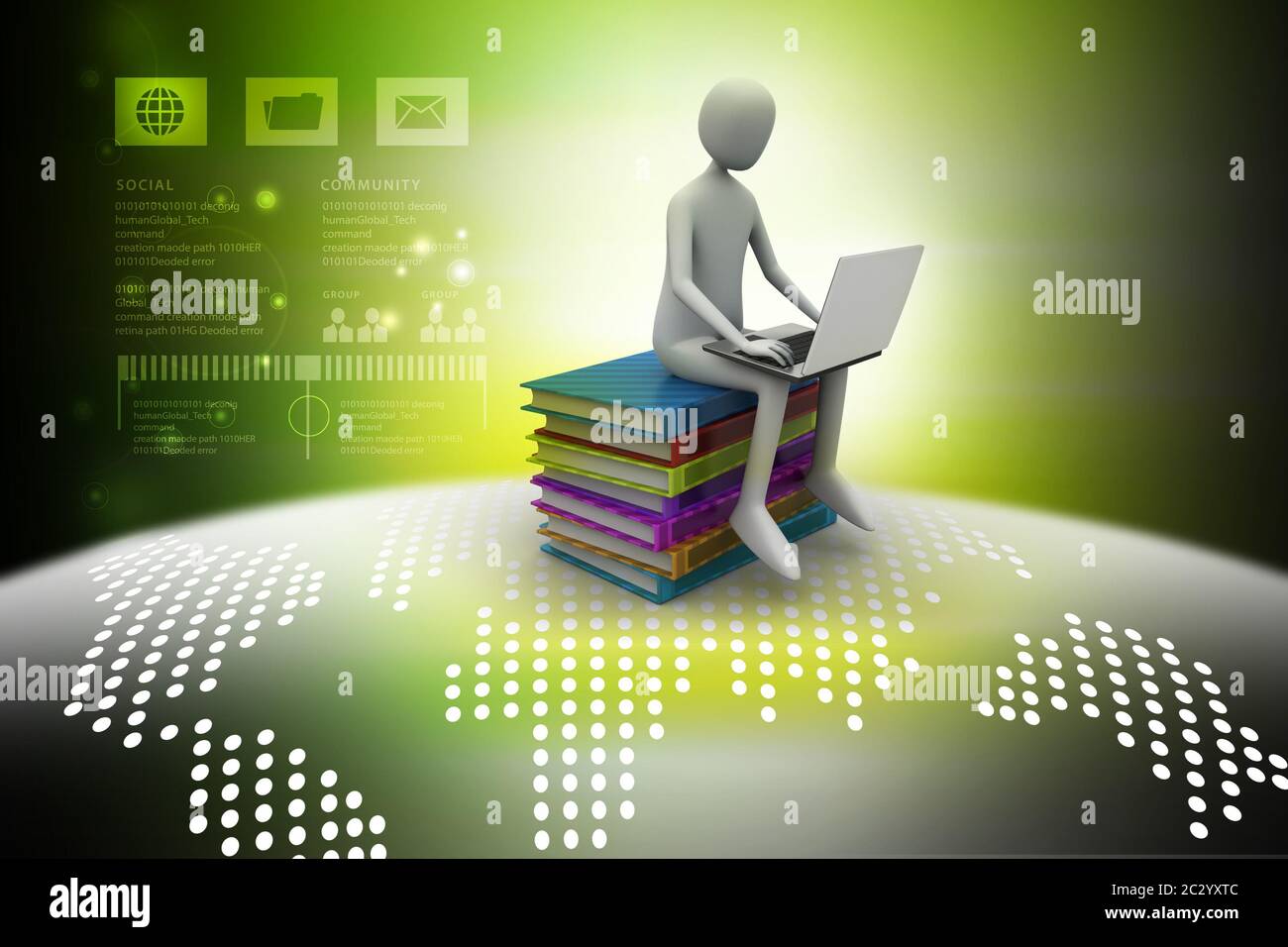 Man sitting on top of books while using laptop in color background ...