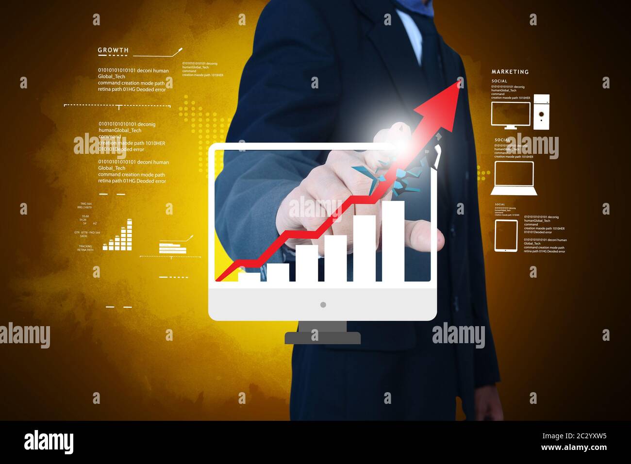 Man showing successive graph in color background Stock Photo - Alamy