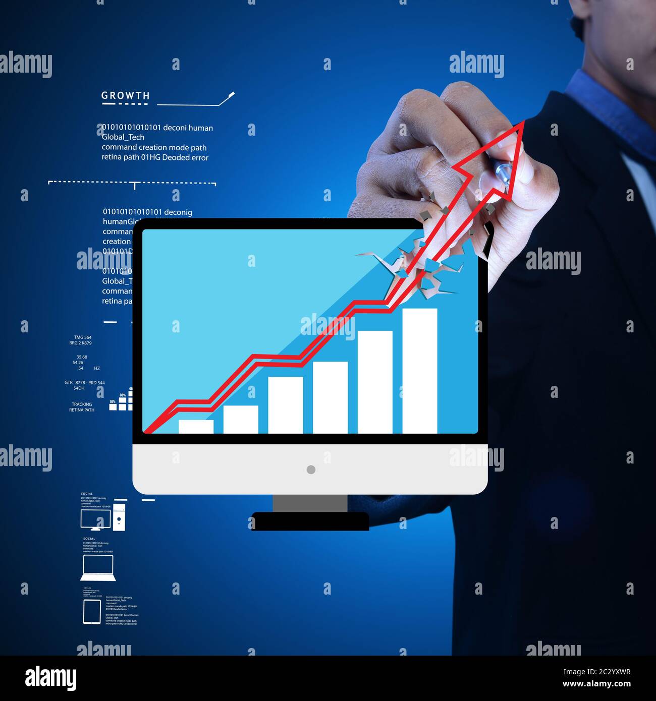 Man showing successive graph in color background Stock Photo - Alamy