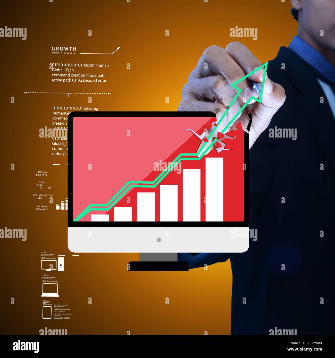 Man showing successive graph in color background Stock Photo - Alamy