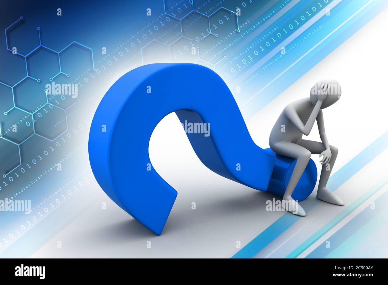 Business man sitting on a question mark in color background Stock Photo ...