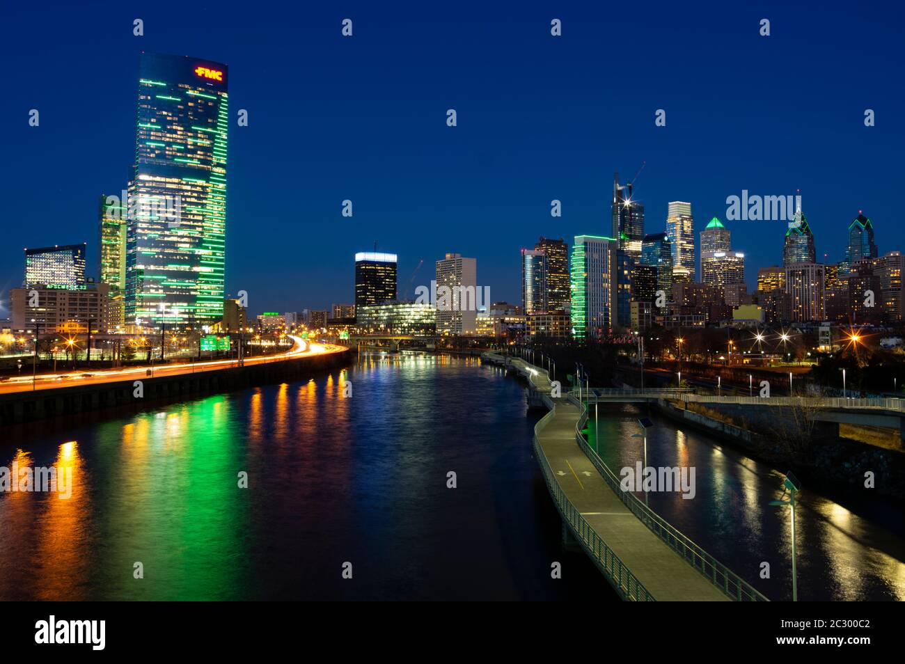 Cityscape of Philadelphia with river and green Philadelphia Eagles ...