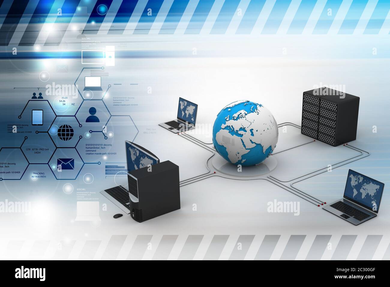 Computer networking with globe and server in color background Stock ...