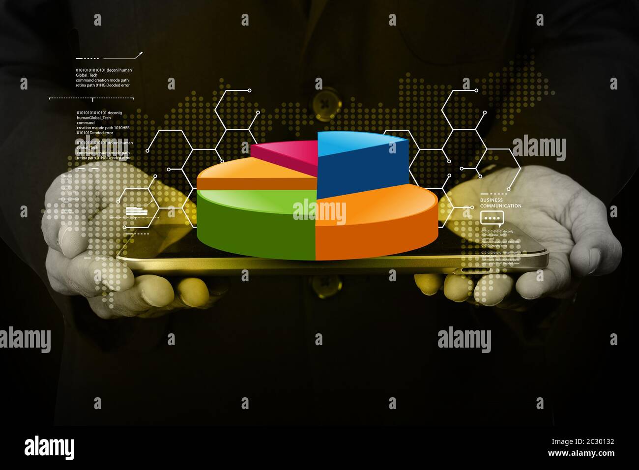 Business man showing pie chart with tablet computer in color background ...