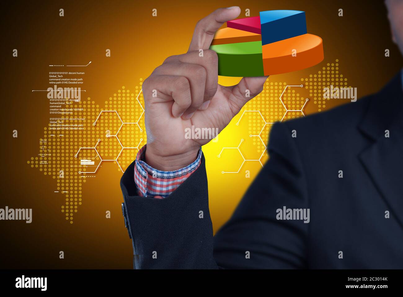Business man showing pie chart in color background Stock Photo - Alamy