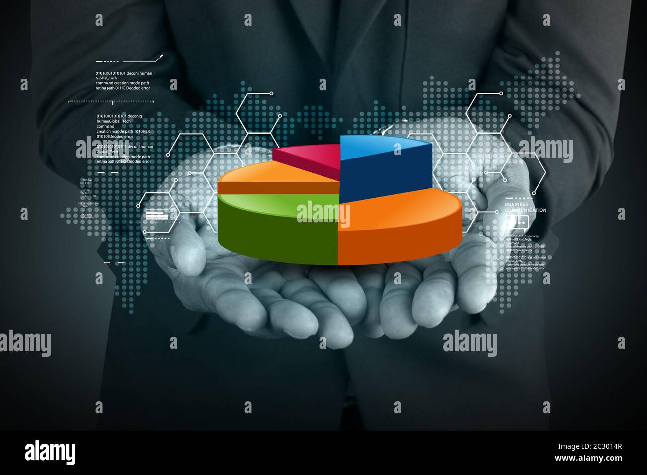Business man showing pie chart in color background Stock Photo - Alamy