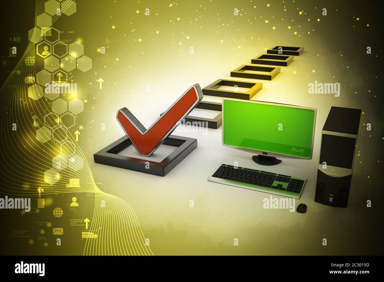 Personal computer with check mark and column in color background Stock ...