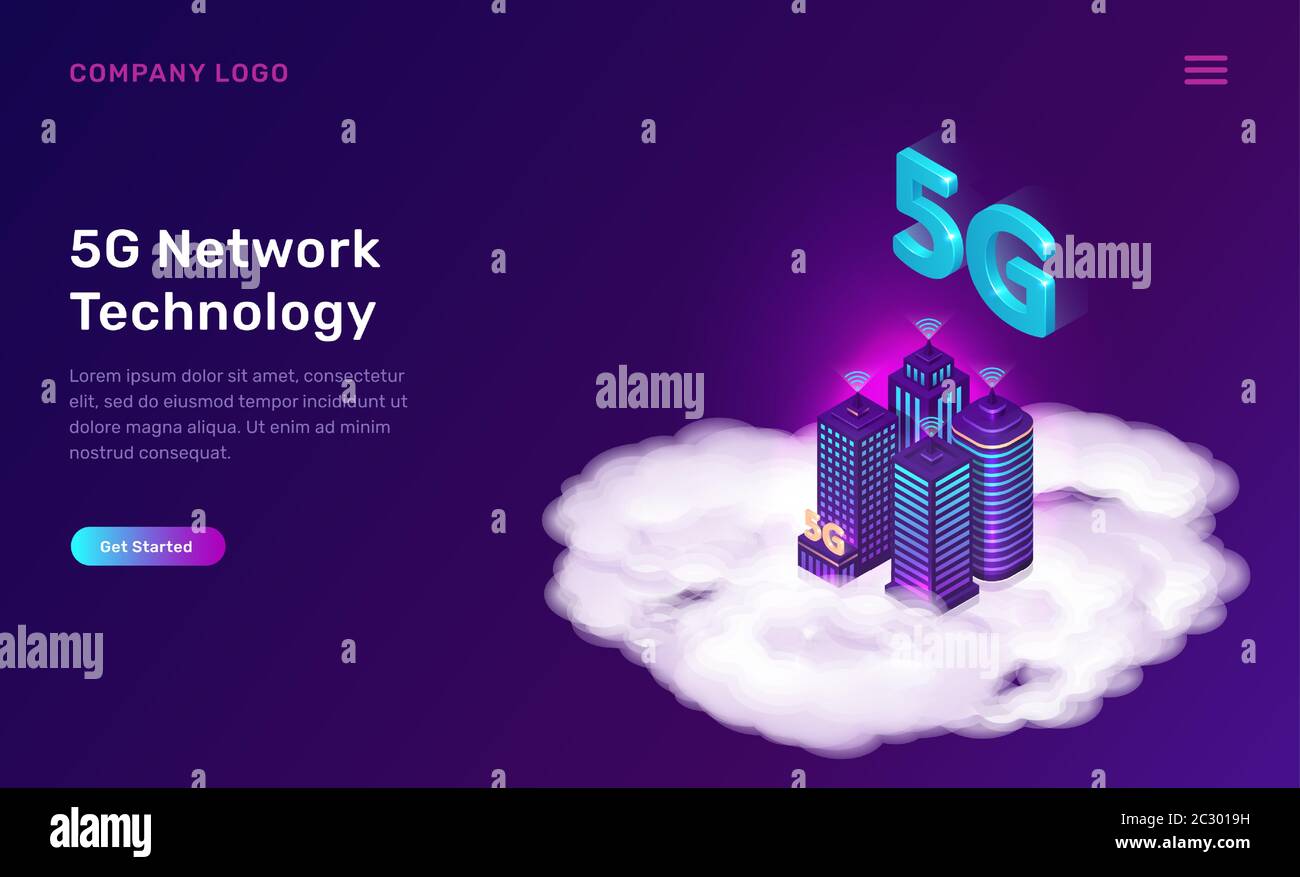5G network technology, isometric concept vector illustration. Tall city ...