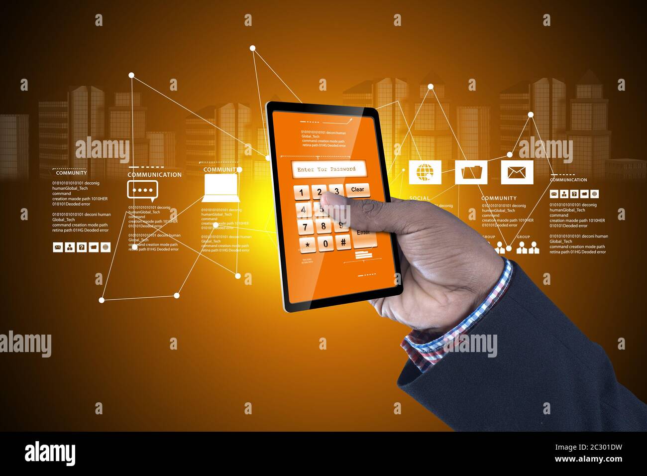 Man showing tablet pc in colour in color background Stock Photo - Alamy