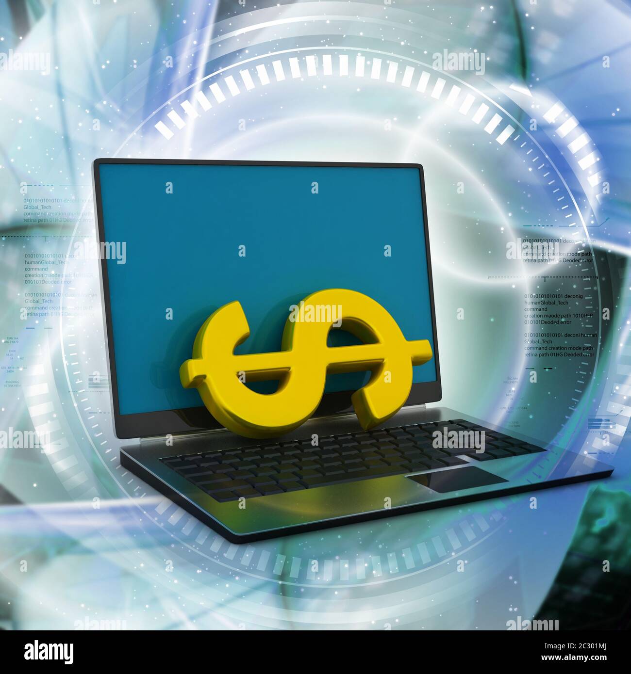 Laptop with dollar in color background Stock Photo - Alamy