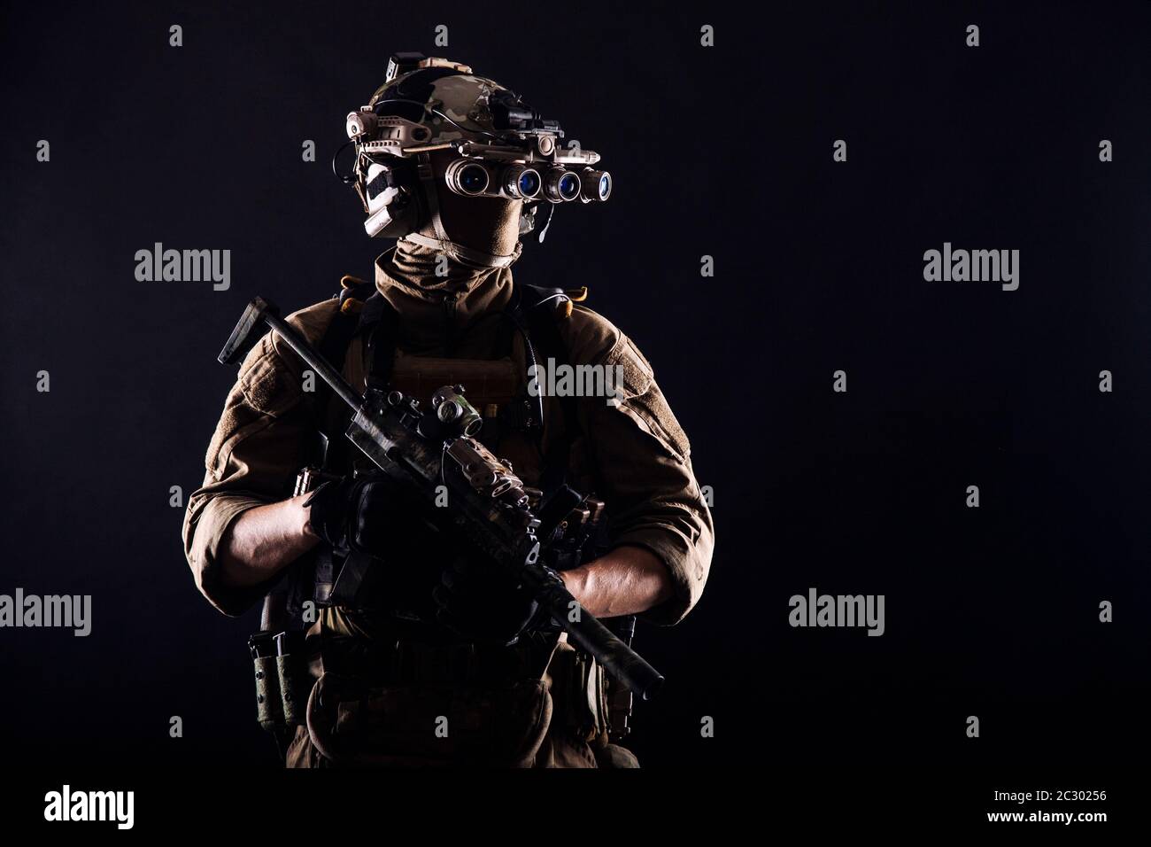 Army elite soldier with hidden behind mask and glasses face, in full ...
