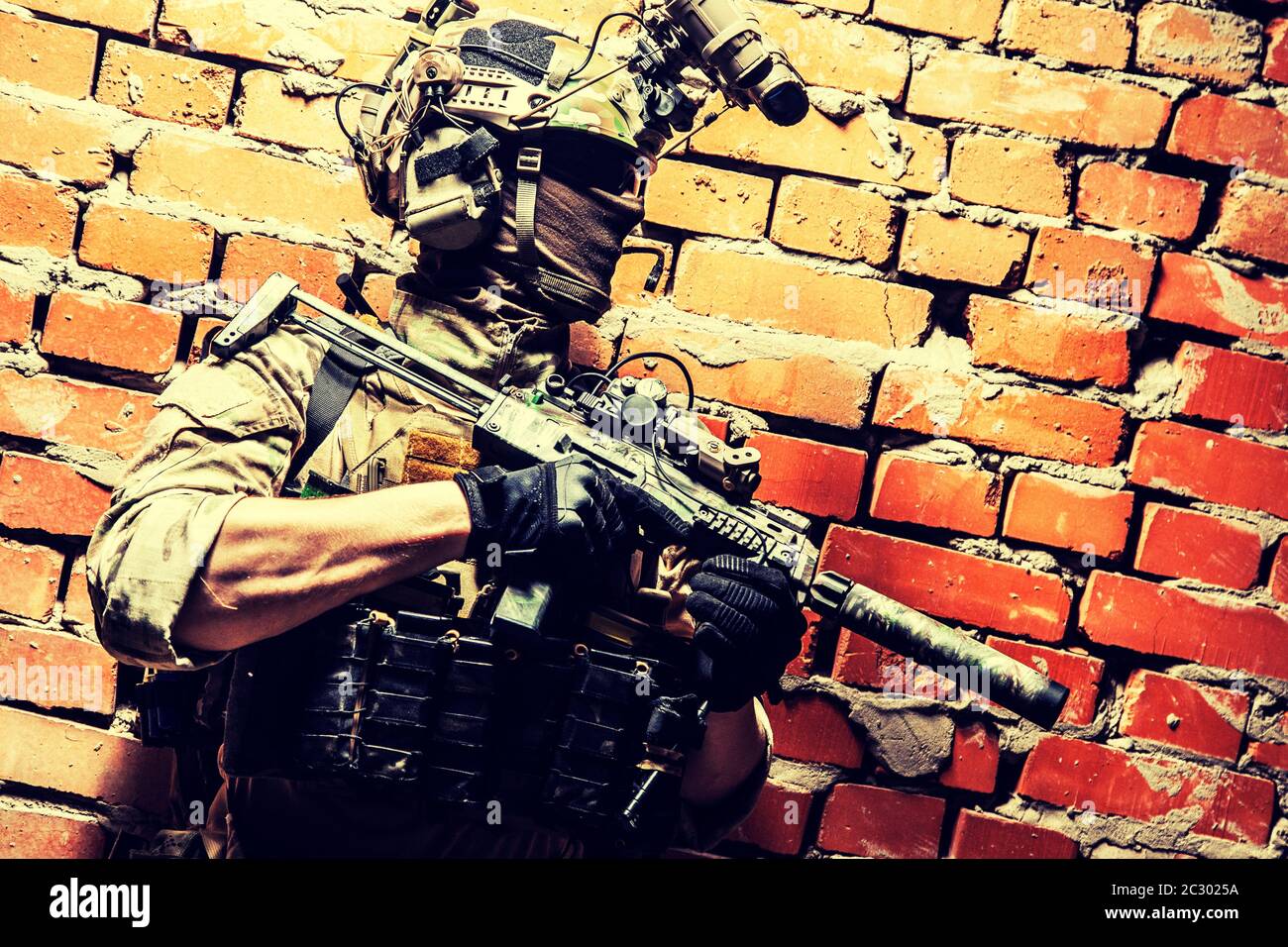 Shoulder portrait of army elite troops soldier, anti-terrorist tactical ...