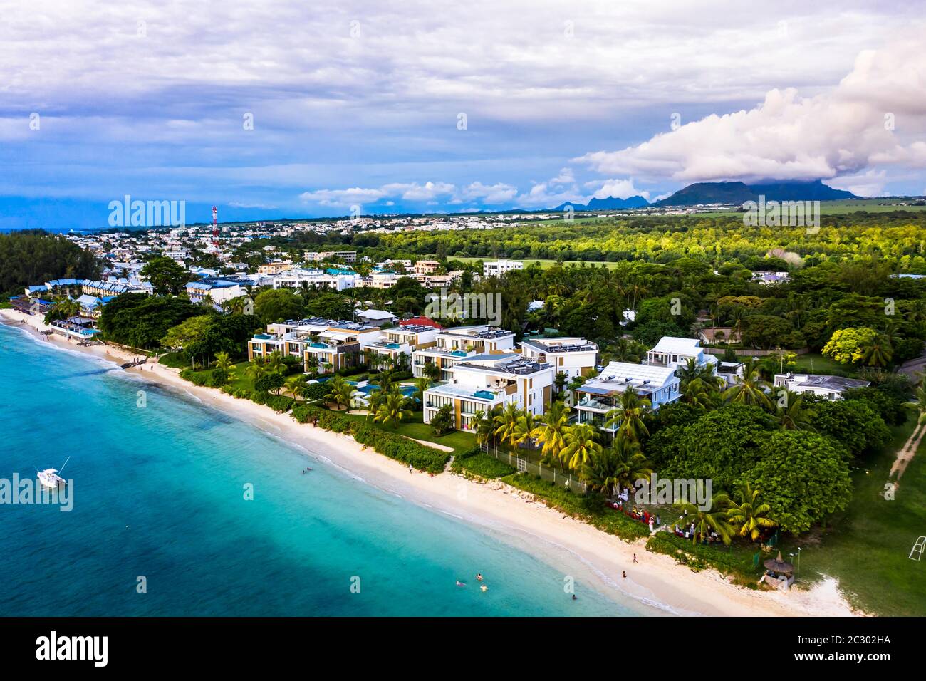 Aerial view, the beach of Flic en Flac and palm trees, Mauritius ...