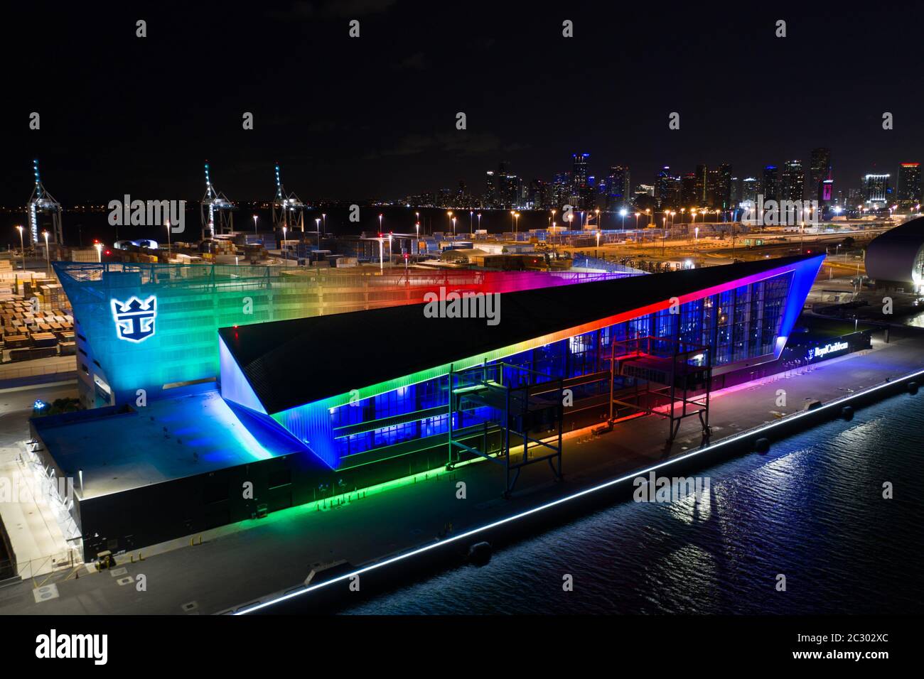 Night aerial Royal Caribbean terminal Miami Stock Photo - Alamy