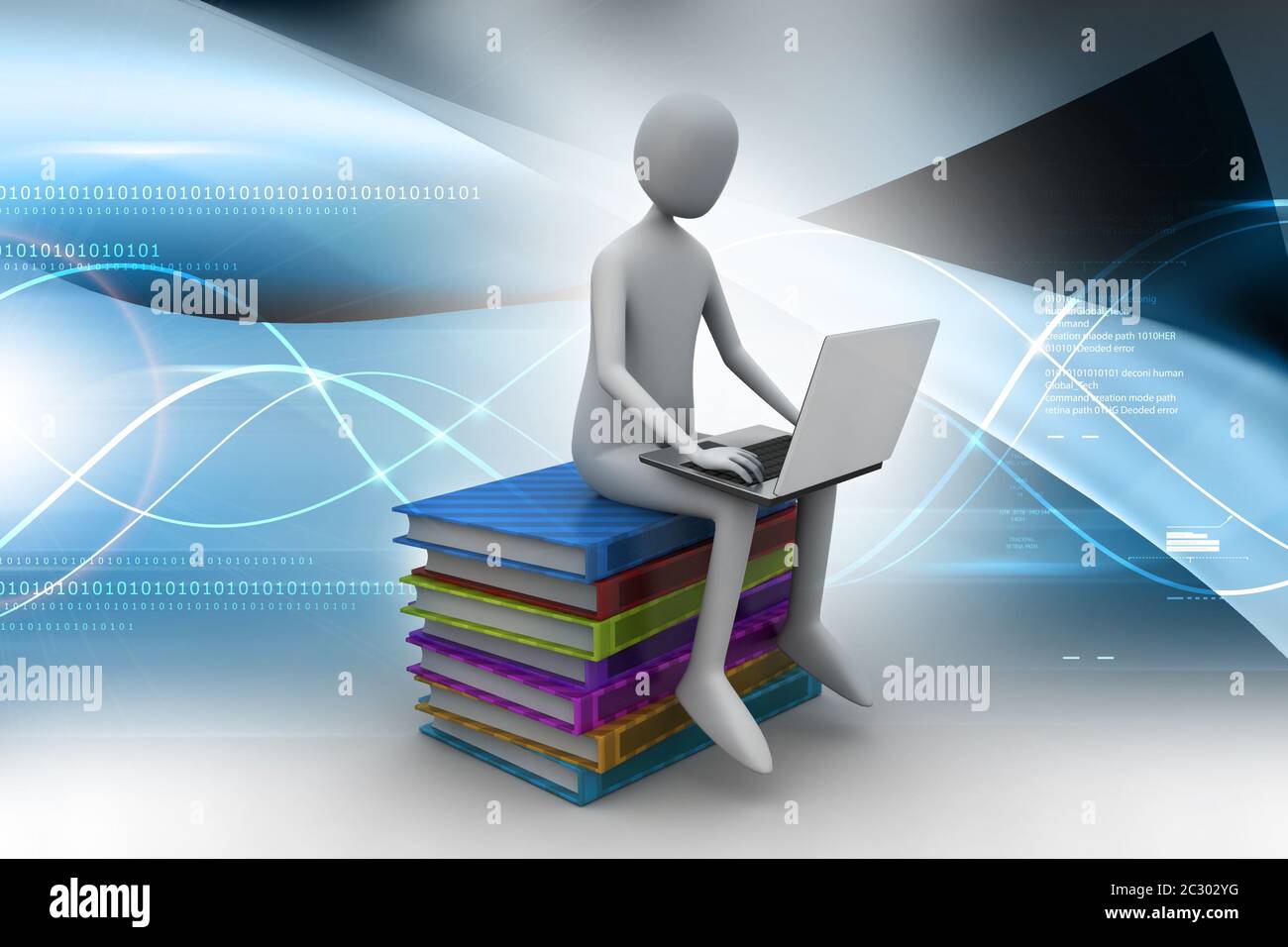 Man sitting on top of books while using laptop in color background ...