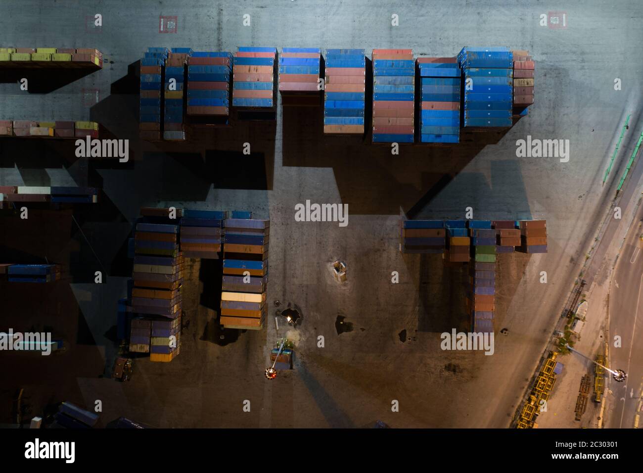 Aerial direct overhead shot cargo containers at a port Stock Photo - Alamy