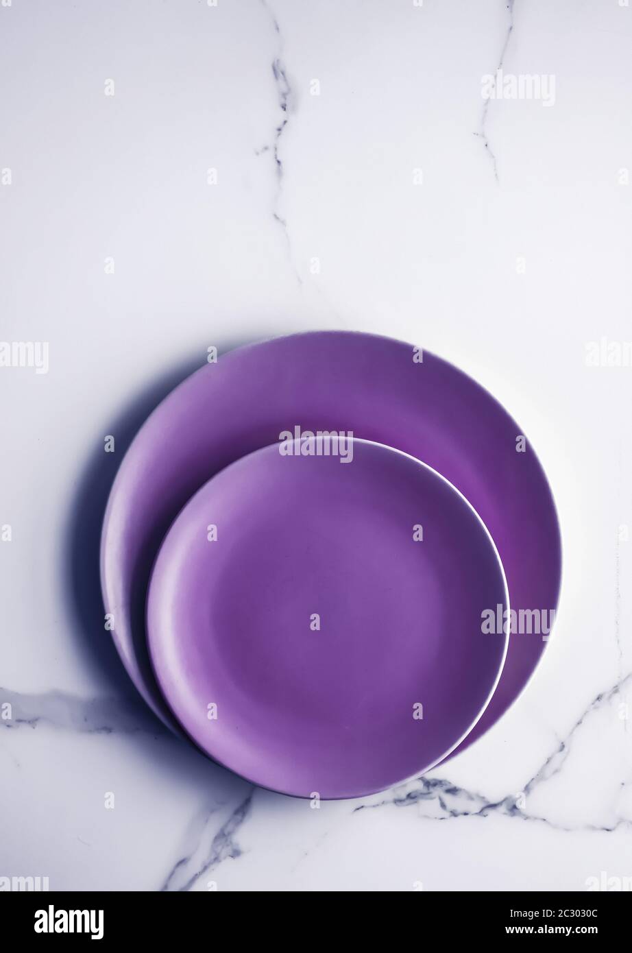 Purple empty plate on marble table background, tableware decor for ...