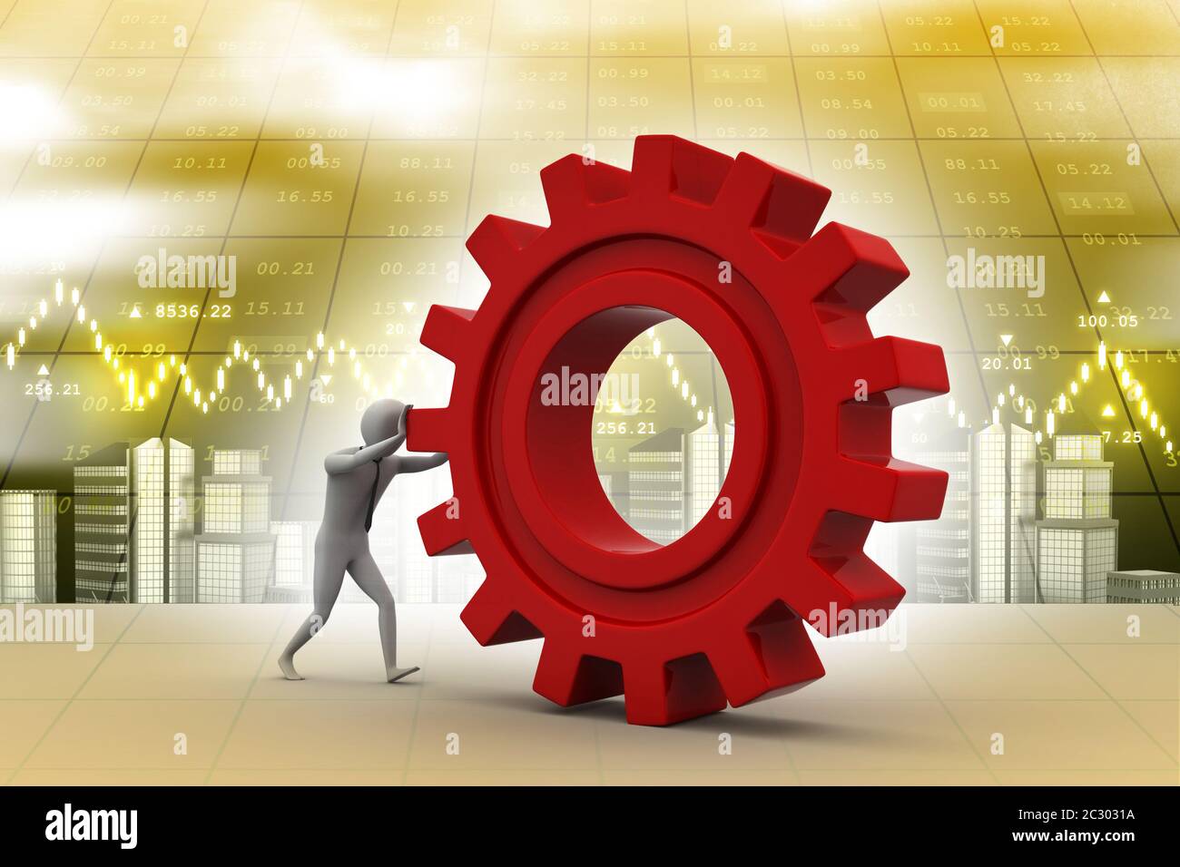 3d man pushing the gear Stock Photo - Alamy