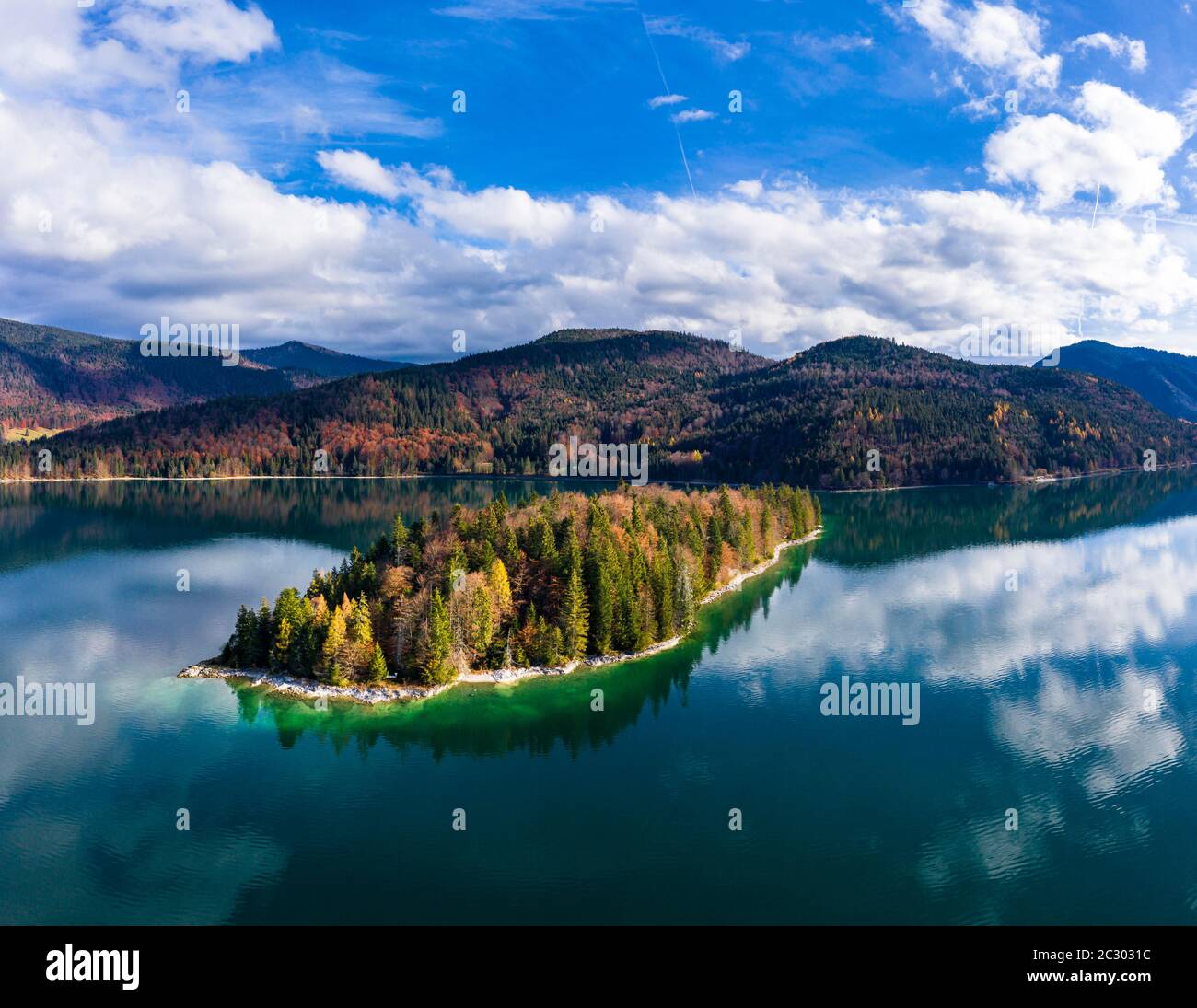 Aerial view, Walchensee, Sassau Island, Upper Bavaria, Bavaria, Germany ...