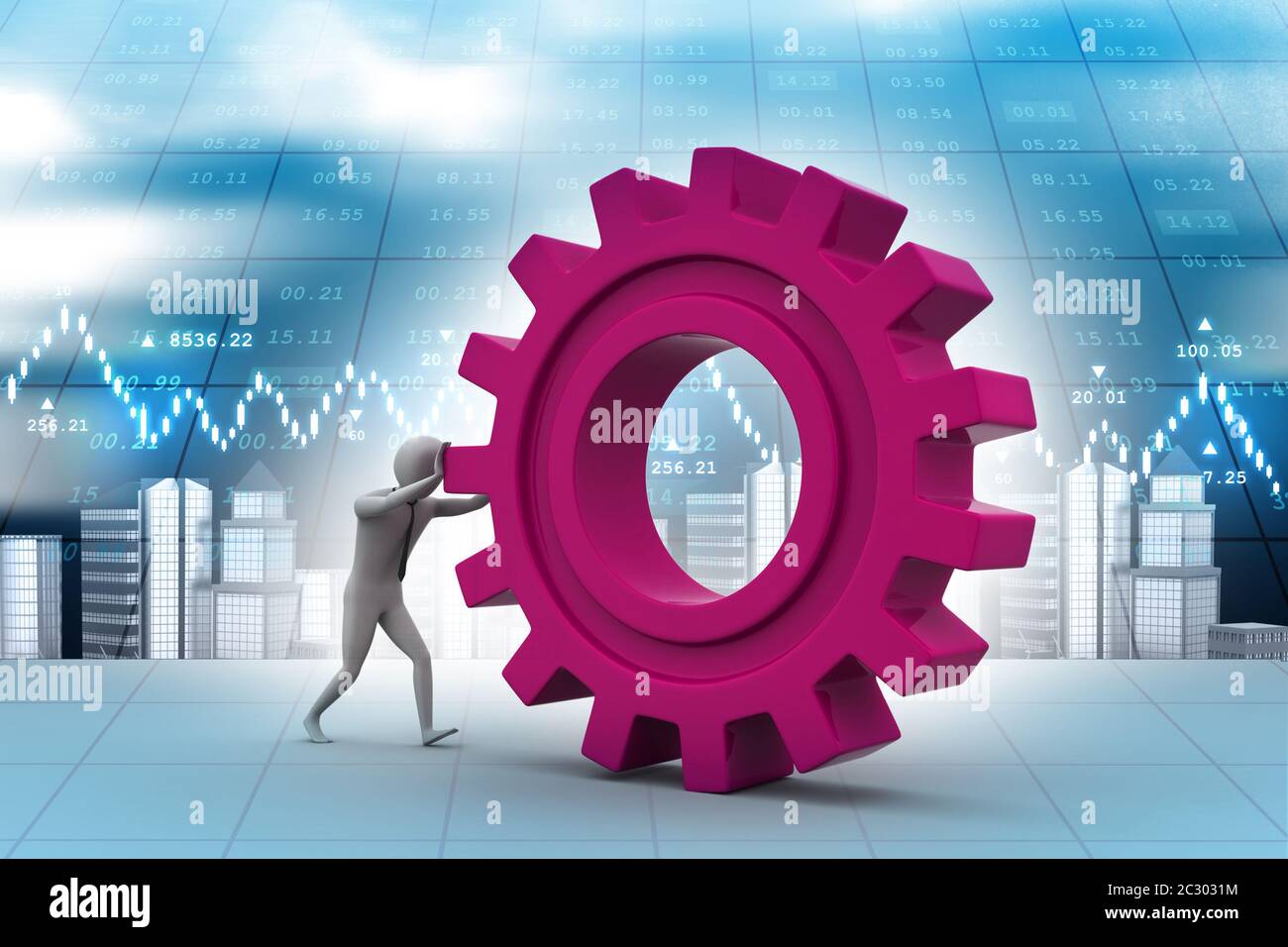3d man pushing the gear Stock Photo - Alamy