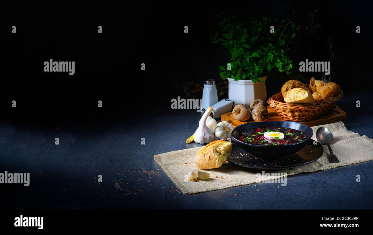 Delicious beetroot borscht with egg Stock Photo - Alamy