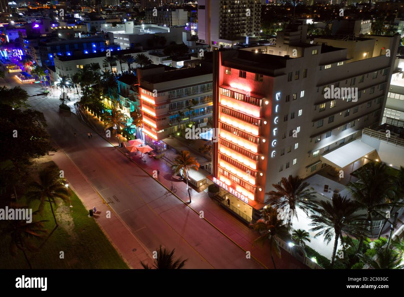 Aerial night drone photo Hotel Victor Miami Beach FL Stock Photo - Alamy