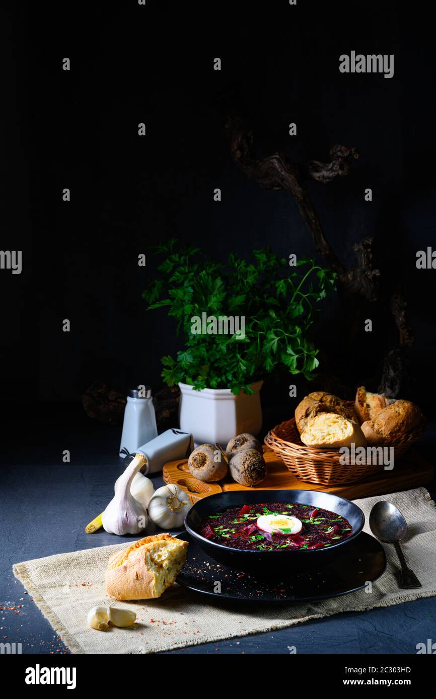 Delicious beetroot borscht with egg Stock Photo - Alamy