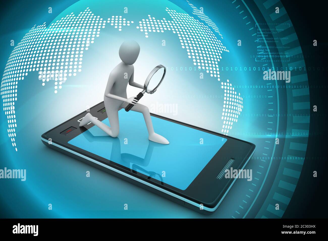 3d man analysing the tablet through magnifier Stock Photo - Alamy