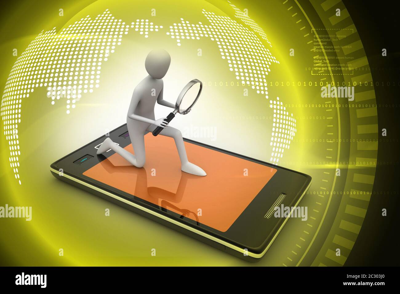 3d man analysing the tablet through magnifier Stock Photo - Alamy