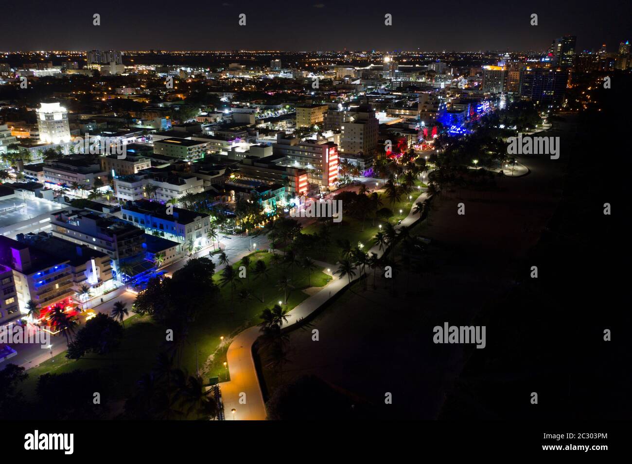 Aerial photo beautiful neon retro 80's colors in Miami Beach Ocean ...
