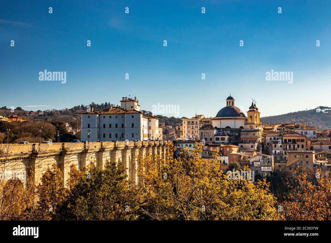 View of Ariccia, with the monumental bridge, the baroque Chigi palace ...