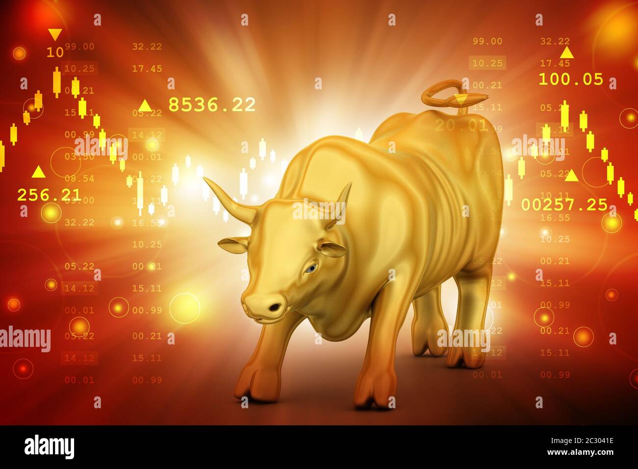 Rising golden business bull in color background Stock Photo - Alamy