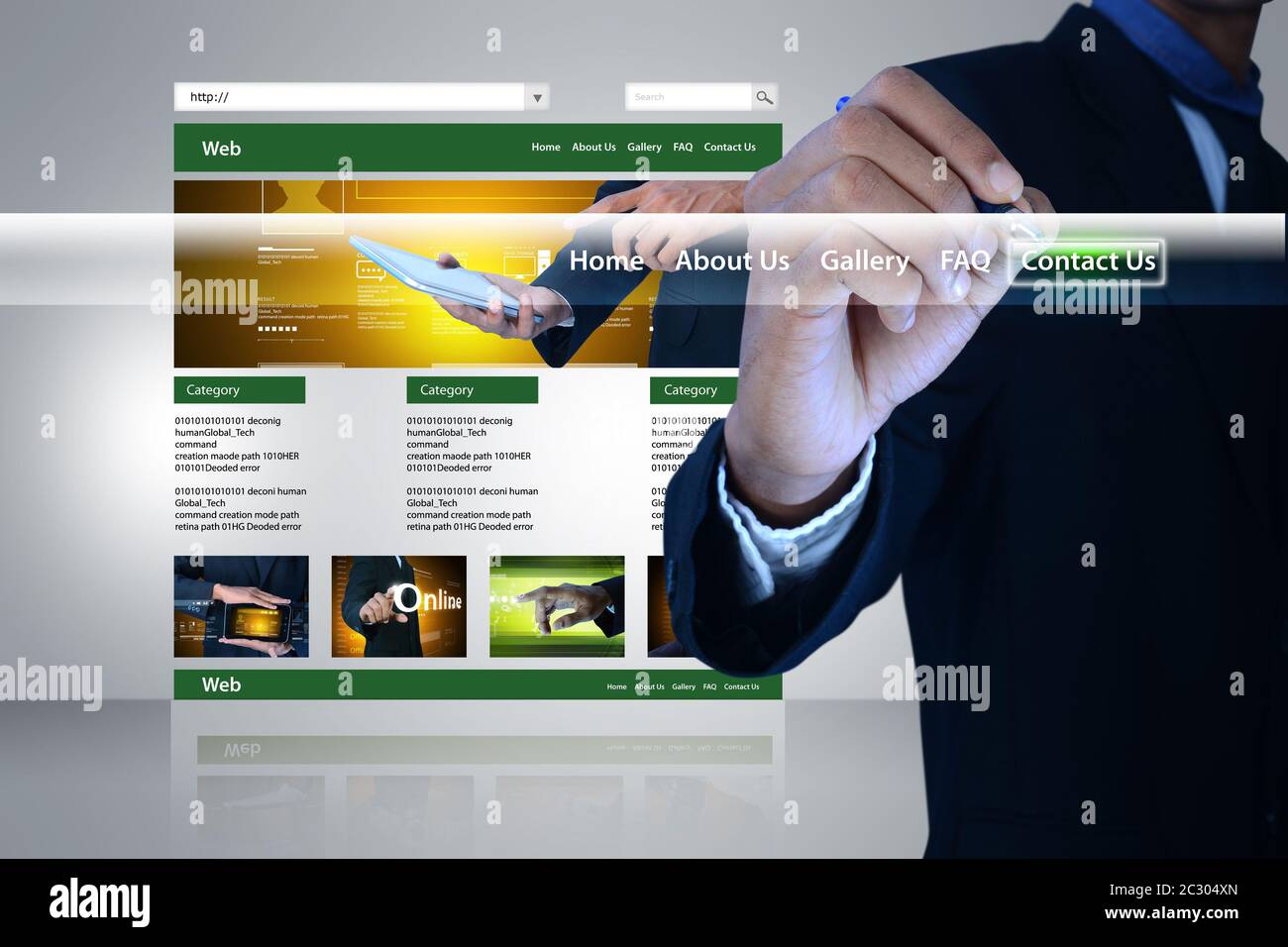 business man is searching and pointing at an internet website Stock ...
