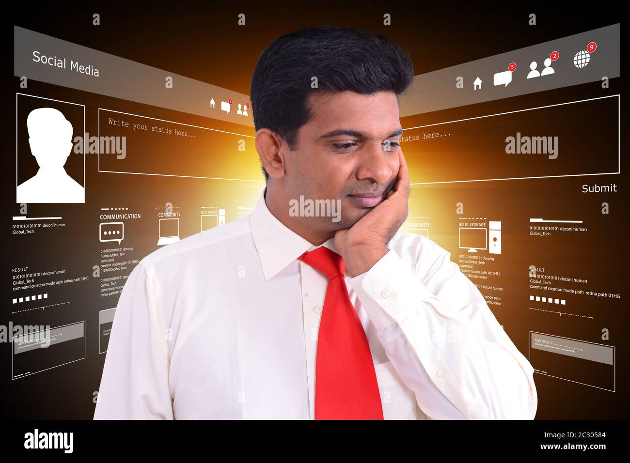 Man thinking networking with virtual display Stock Photo - Alamy