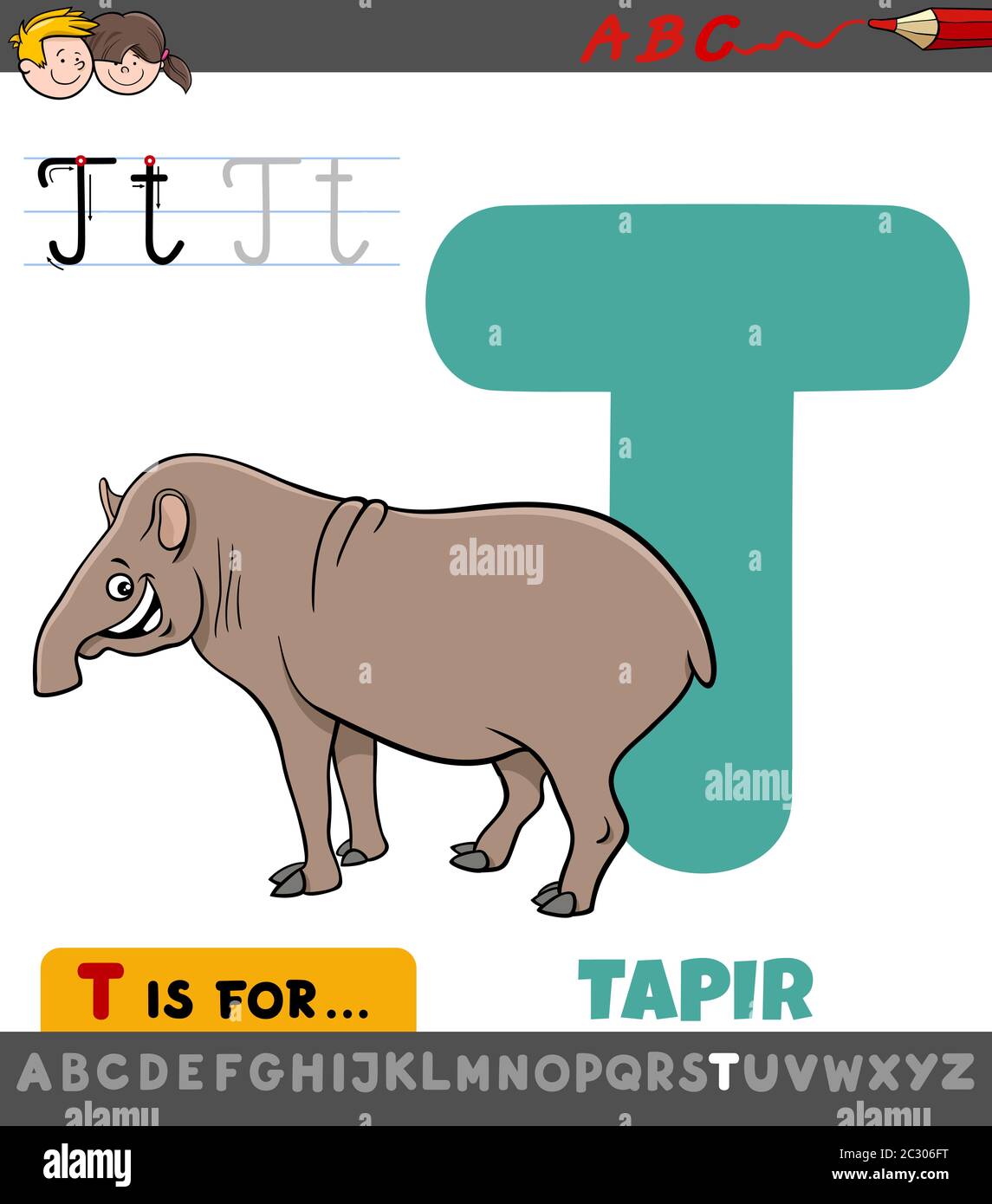 letter T educational worksheet with cartoon tapir animal Stock Photo ...