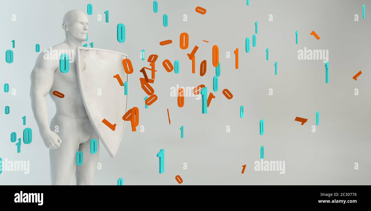 Cyber Security Concept with Man Holding Shield Blocking Out Virus Stock ...