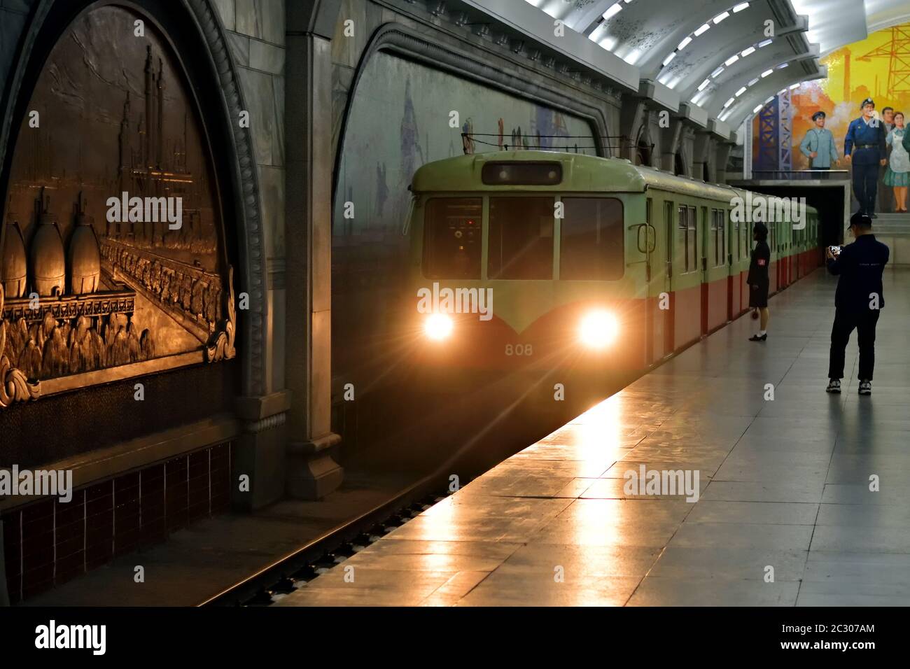 Pyongyang, North Korea - May 1, 2019: Arriving train at the Puhung ...