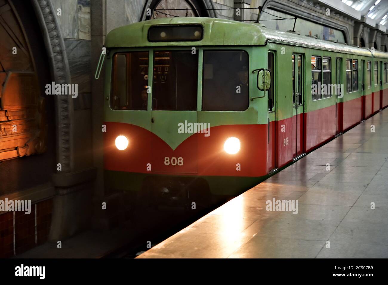 Pyongyang, North Korea - May 1, 2019: Arriving train at the Puhung ...
