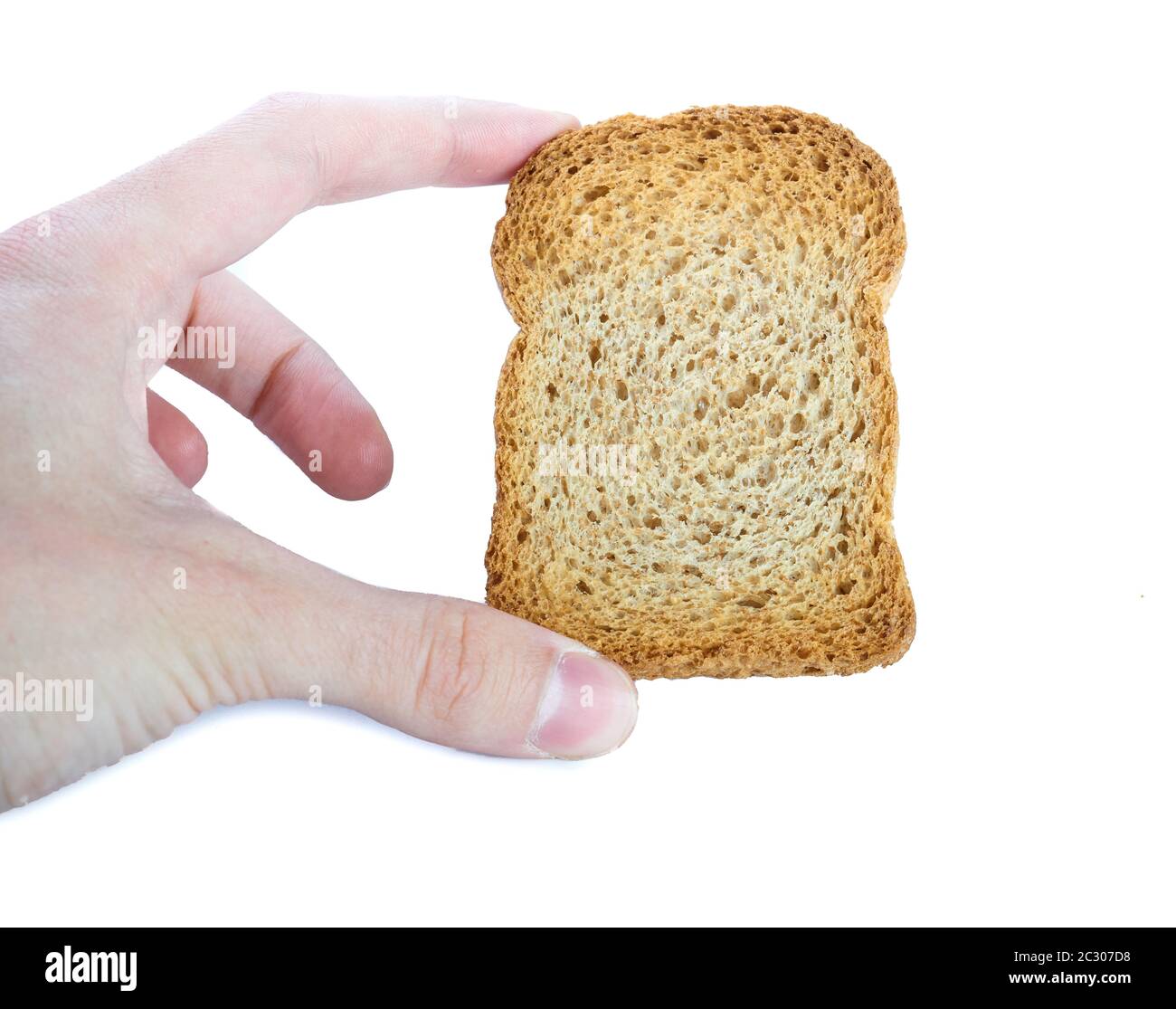 Man hand holding up a toast isolated on white background Stock Photo ...