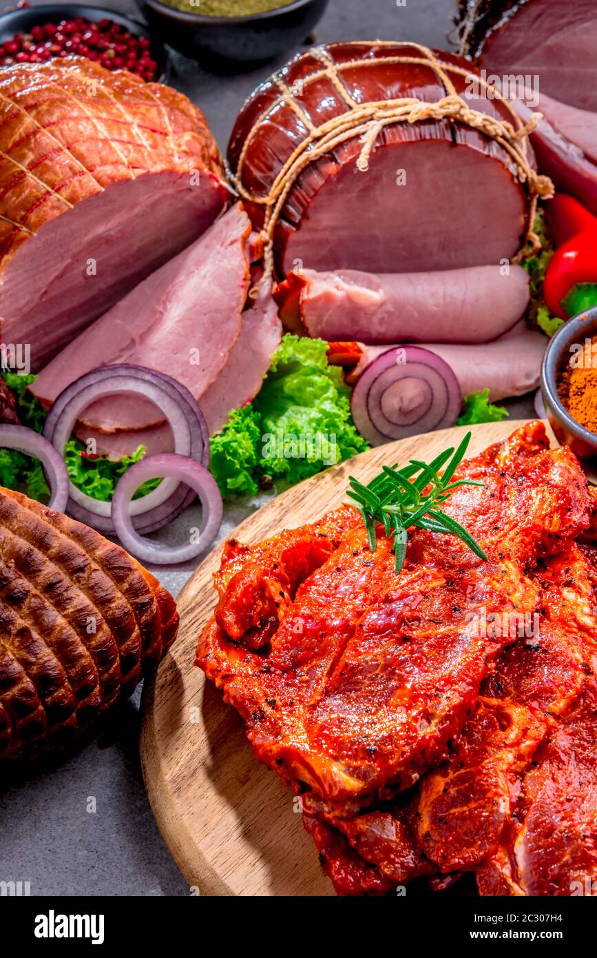 Composition with assorted meat products including ham, sausage and ...