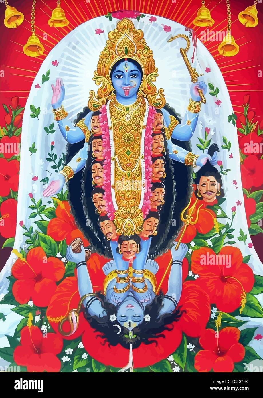 kali goddess of death indian hindu flowers illustration tongue hanging ...