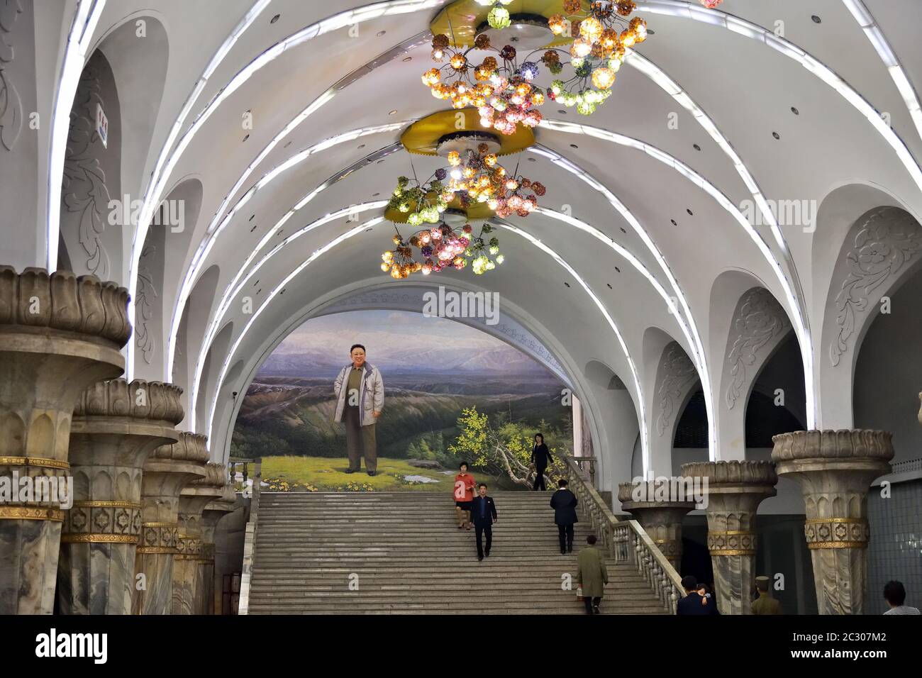 Pyongyang, North Korea - May 1, 2019: Interiors of the Yonggwang subway ...