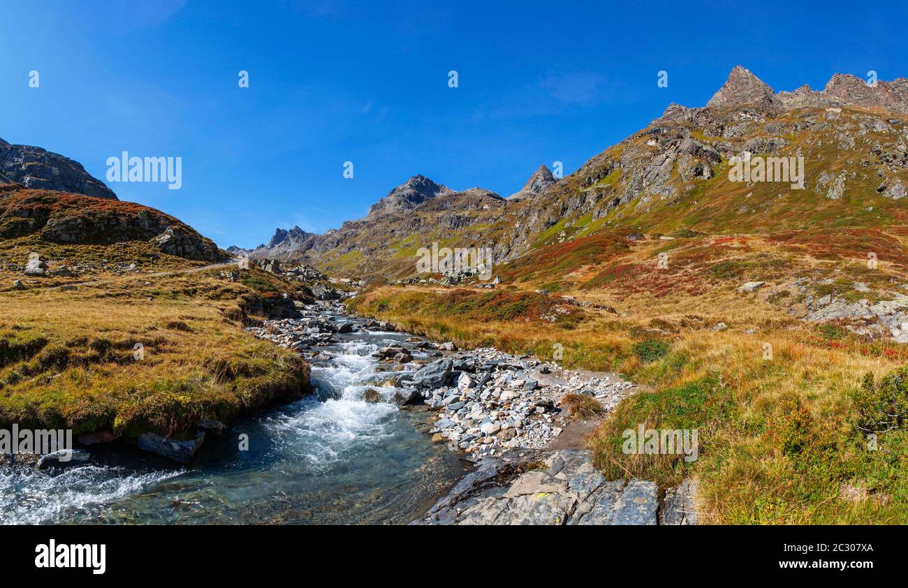 Hiking trail into the Klostertal along the Klostertaler Bach, Silvretta ...