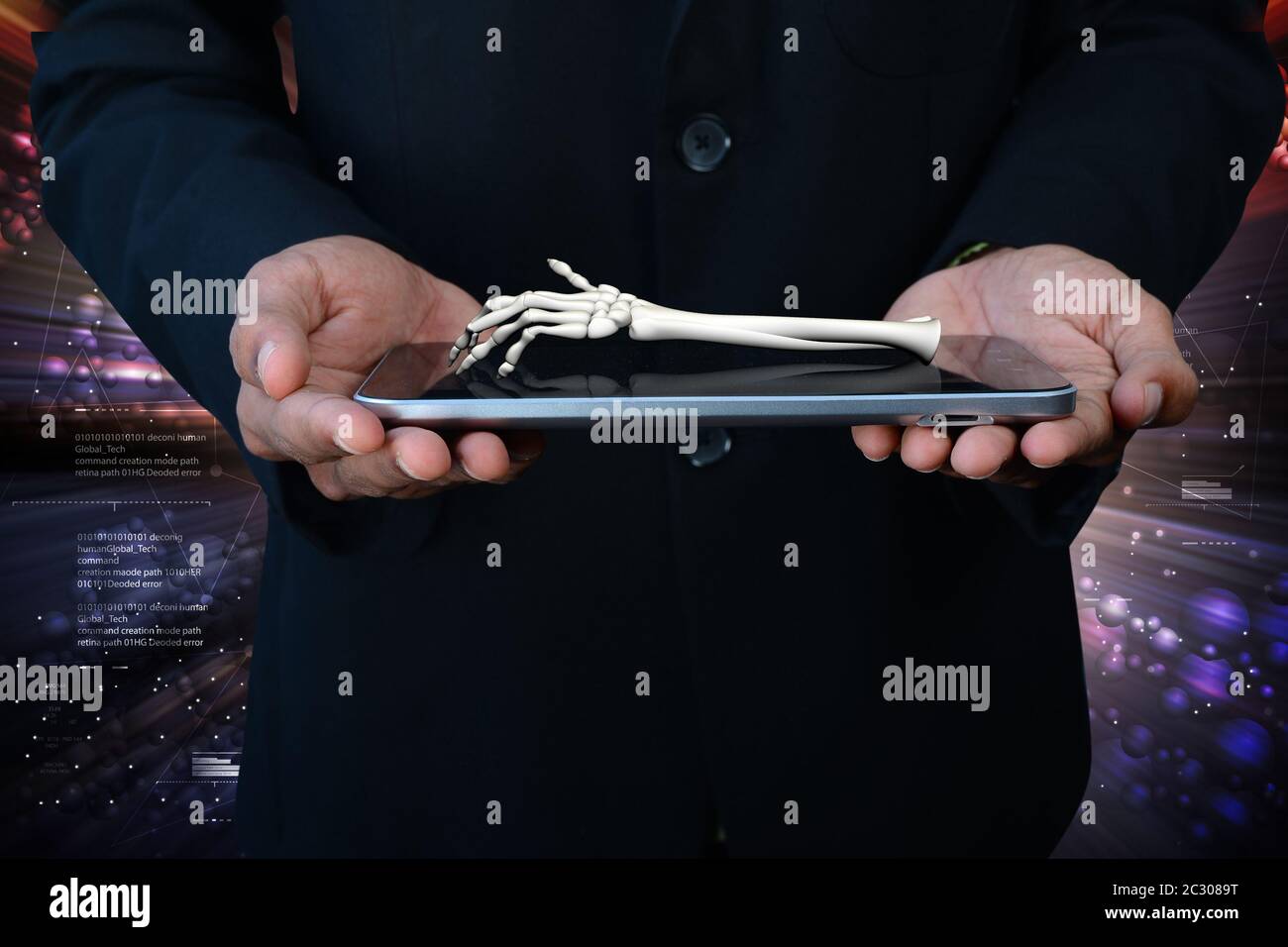 3d man showing tablet and hand born Stock Photo - Alamy