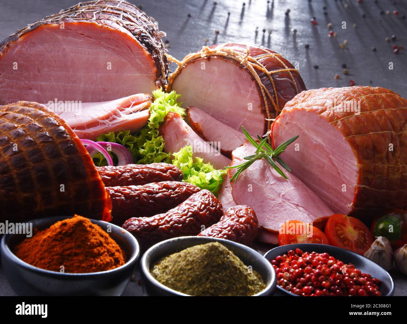 Composition with assorted meat products Stock Photo - Alamy