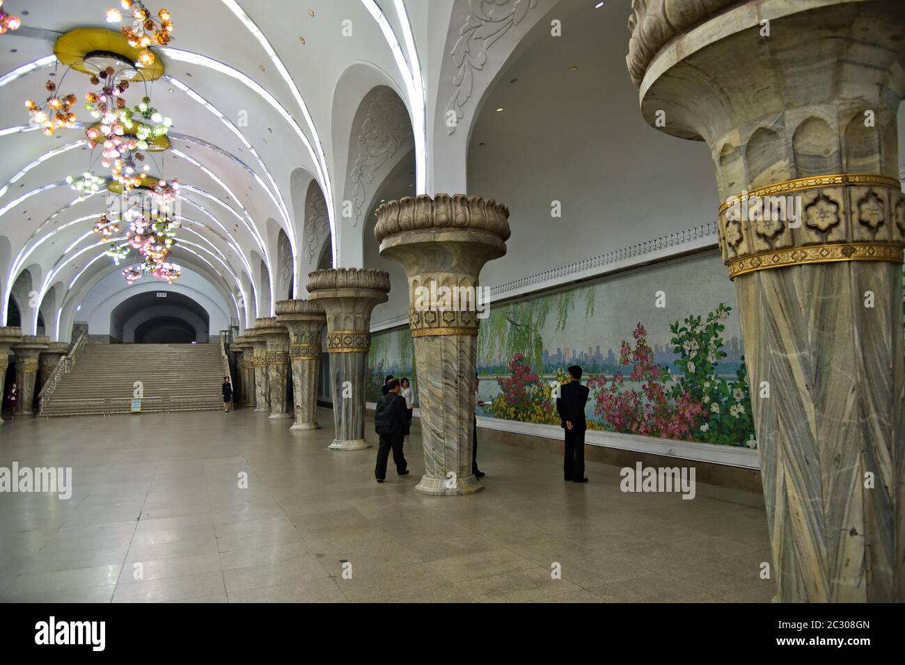 Pyongyang, North Korea - May 1, 2019: Interiors of the Yonggwang subway ...